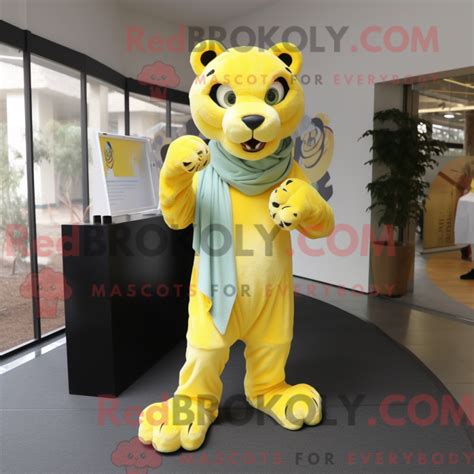Lemon Yellow Panther Mascot Costume Character Dressed With A Tuxedo And