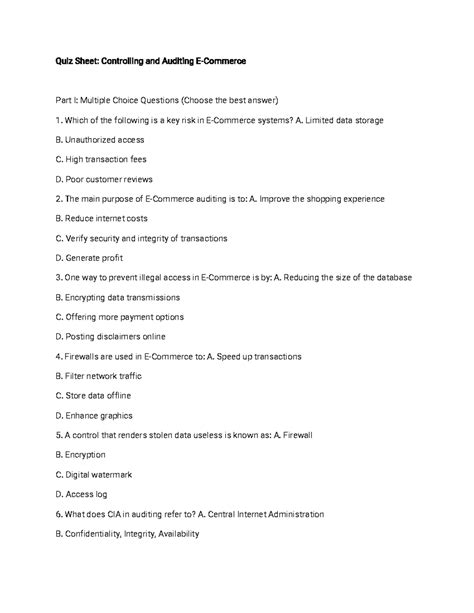 Quiz Sheet For Auditing E Commerce Quiz Sheet Controlling And