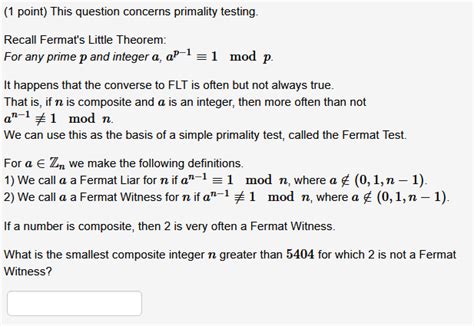 solved 1 point this question concerns primality testing