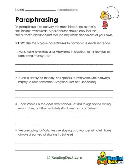 Paraphrasing Worksheets Writing Series Reading