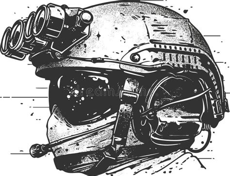 Monochrome Illustration Of A Tactical Soldier Helmet With Night Vision