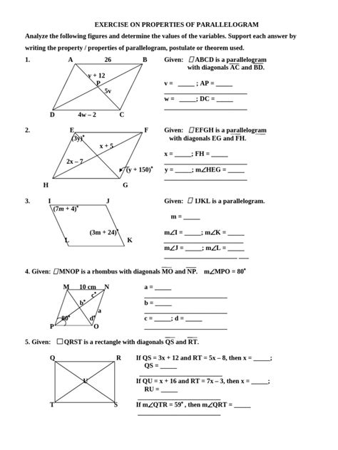 Exercises On Properties Of Parallelogram 1 Pdf Elementary Geometry Euclidean Geometry