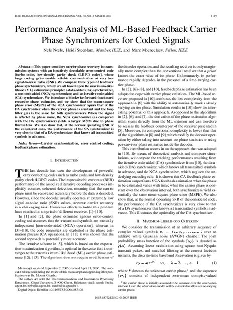 Pdf Performance Analysis Of Ml Based Feedback Carrier Phase Synchronizers For Coded Signals