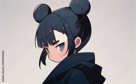 Cute Chibi Girl With Black Hair In Buns Wearing A Dark Blue Hoodie In