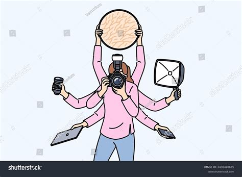 Multi Armed Woman Photographer Does Several Things Stock Vector