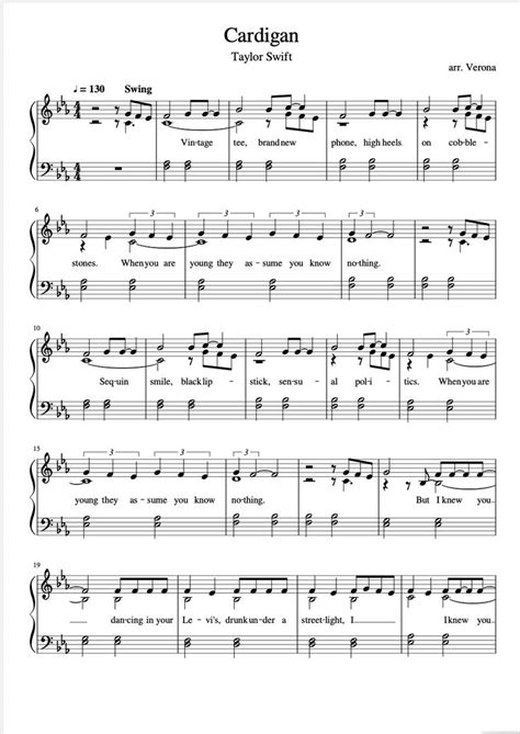 Cardigan Taylor Swift Free Sheet Music Taylor Swift Cardigan Piano