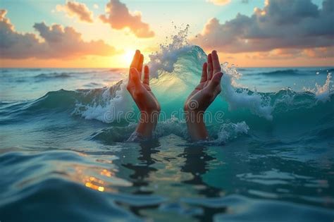 Hands Lifting The Sun From The Ocean Stock Image Image Of Hands