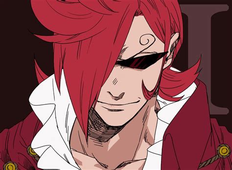 An Anime Character With Red Hair And Black Glasses Looking To His Left