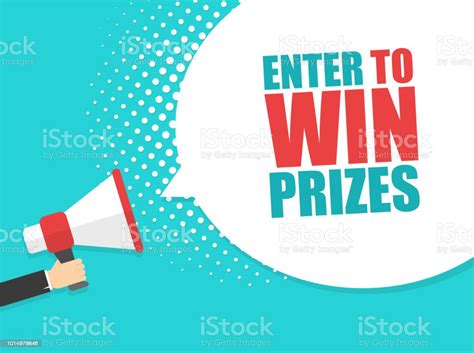 남성 손 들고 확성기로 연설 거품 상품을 승리를 입력 합니다 스피커입니다 비즈니스 마케팅 및 광고 배너입니다 벡터 일러스트입니다 티켓에 대한 스톡 벡터 아트 및 기타 이미지