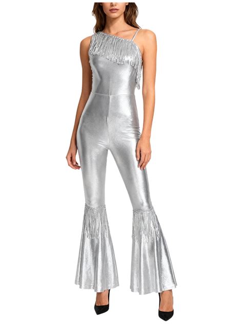 Choomomo Adult Womens Sequin Tassel Jumpsuit 70s 80s Disco Dance