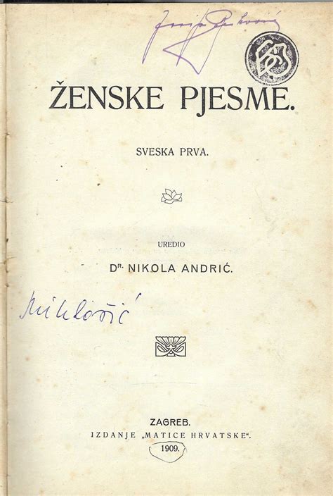 Ženske Pjesme Sveska Prva Uredio Dr Nikola Andrić Crveni Peristil