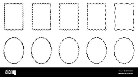 Set Of Rectangle And Oval Brush Stroke Frames With Wavy Edges On White Background Pop Vintage