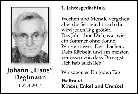 Traueranzeigen Von Johann Deglmann Trauer In Nrw De