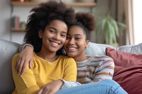 Alegre Jovem Mãe Afro Americana Feliz Com Filha Adolescente Sentada No