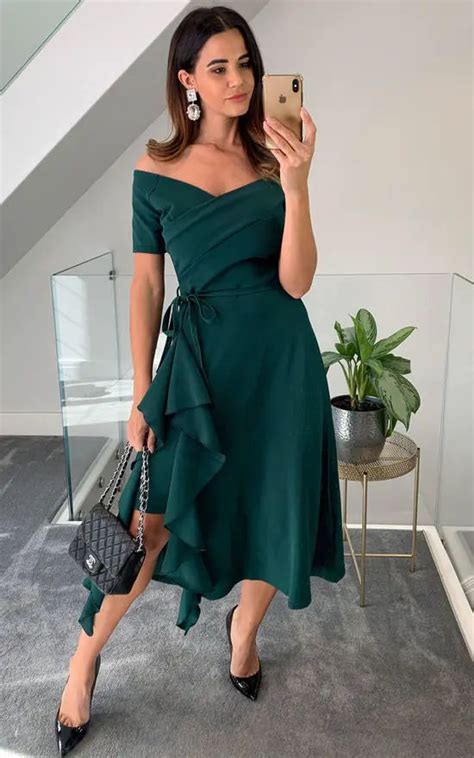 Dark Green Off Shoulder Frill Midi Dress Silkfred Us Wedding Attire