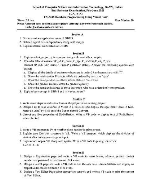 Bca Iv Sec A Cs 3206 Database Programming Using Visual Basic School Of Computer Science And
