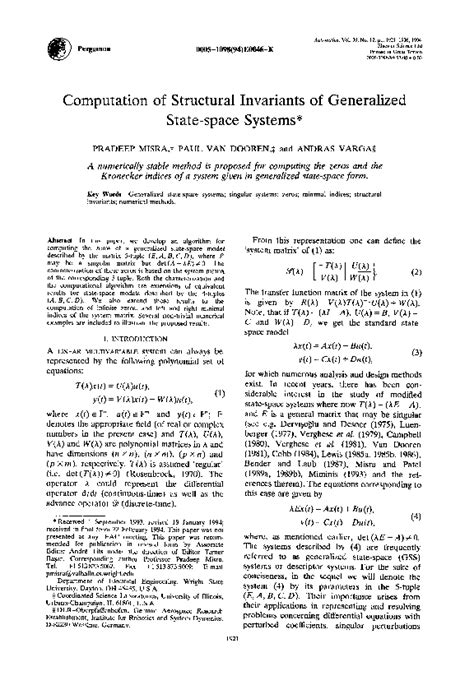 Pdf Computation Of Structural Invariants Of Generalized State Space Systems