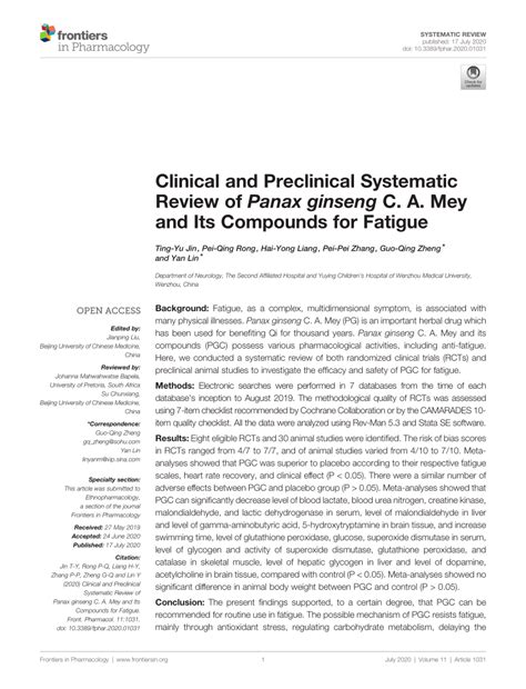 PDF Clinical And Preclinical Systematic Review Of Panax Ginseng C A Mey And Its Compounds