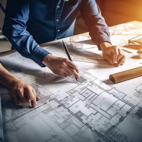 Premium Ai Image Engineer Partner Drawing And Working On Blueprint