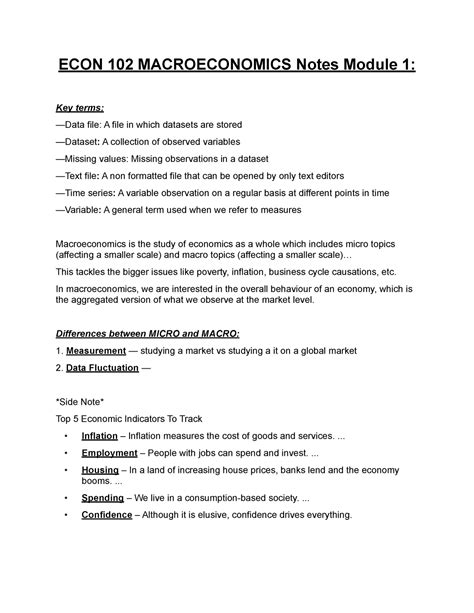 ECON 102 Notes ECON 102 MACROECONOMICS Notes Module 1 Key Terms