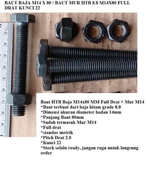 Baut Baja M14 X 80 Baut Mur Htb 8 8 M14x80 Full Drat Kunci 22