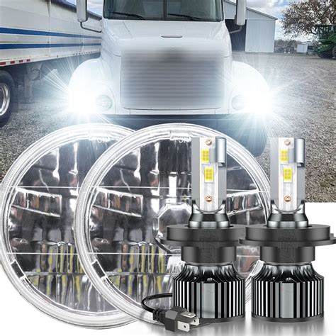 Pair 7 Round Led Headlights Hi Lo Drl For Freightliner Century Class
