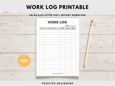 Printable Work Time Log And Tracker Activity Hours Log Etsy