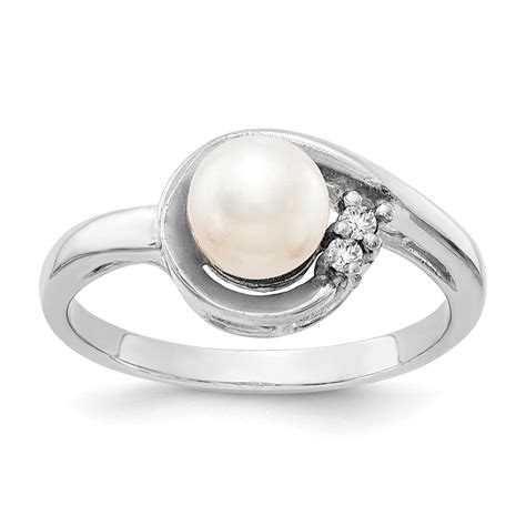 14k White Gold 6mm Fw Cultured Pearl A Real Diamond Ring Y4396pl A