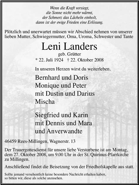 Traueranzeigen Von Leni Landers Trauer In Nrwde