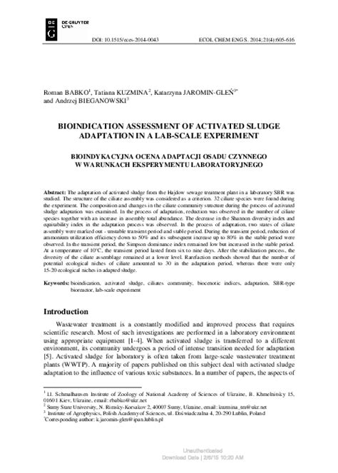 Pdf Bioindication Assessment Of Activated Sludge Adaptation In A Lab Scale Experiment