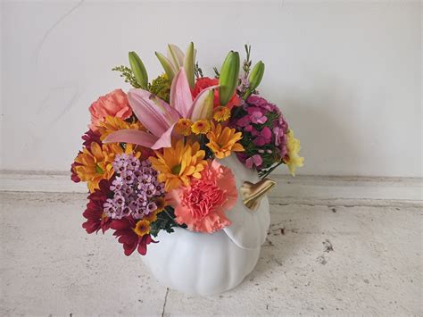 Whie Ceramic Pumpkin With The Gold Tail By Elenas Flowers