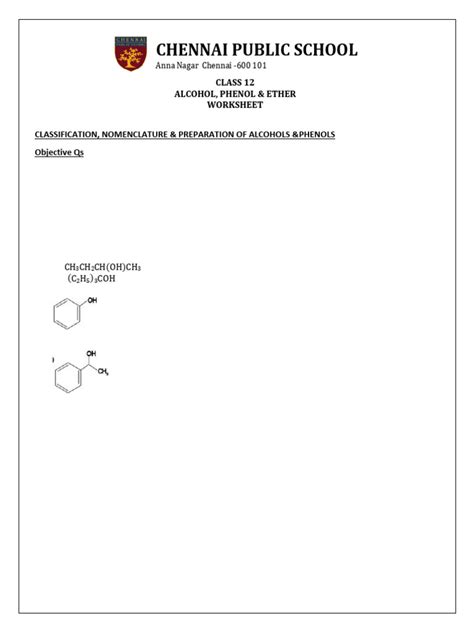 Alcohols Phenols And Ethers Worksheet Pdf