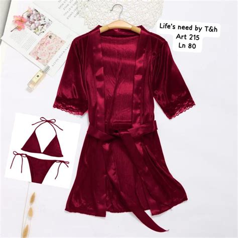 3 Piece Silk Nighty Set With Bra Panty And Short Robe 31 Inch Length