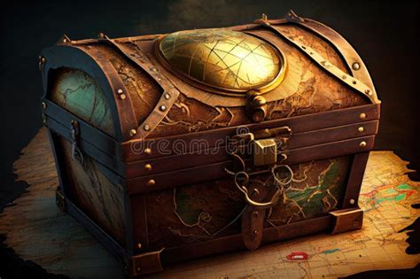 Treasure Chest With A Map And Compass Tucked Inside Stock Illustration