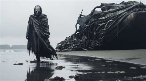 Dark And Brooding Designer Creates Creepy Beach Scene With Shipwreck Stock Illustration