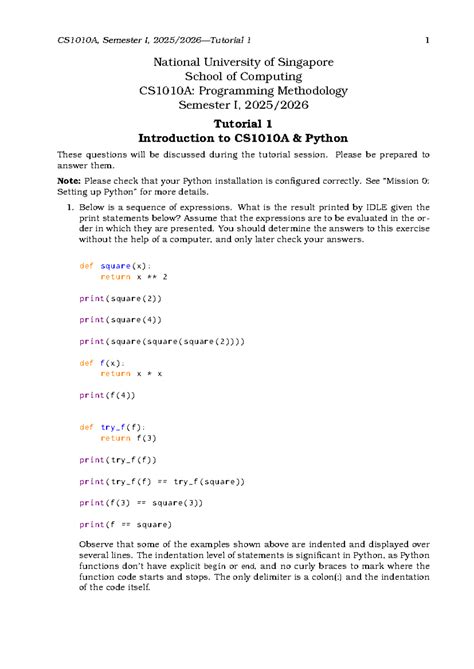 Cs1010a Semester I Tutorial 1 Intro To Python Programming Studocu