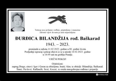 Đurđica Bilandžija Rođ Baškarad Osmrtnice Ksb