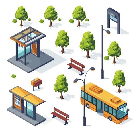 Premium Vector Vectorisometricbusstopconceptobjectsset