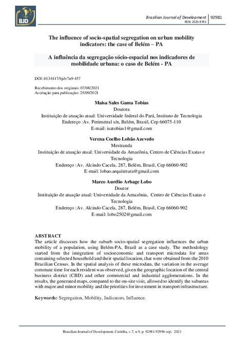 Pdf The Influence Of Socio Spatial Segregation On Urban Mobility Indicators The Case Of Belém