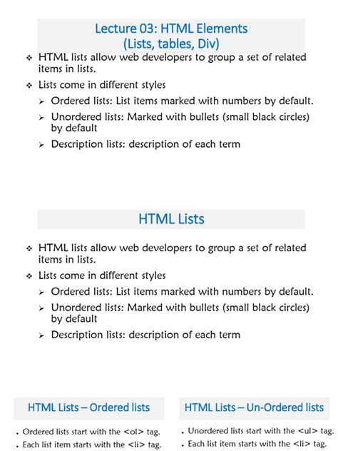 Lecture 03 Html Elements Lists Tables And Div Pdf Html Element