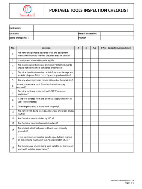 Portable Tools Inspection Checklist Sim Hse 015 Rev 00 31 07 19 Pdf