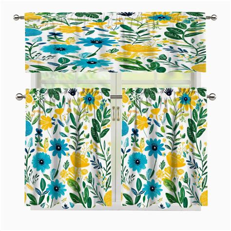 3 Pcs Kitchen Curtains Valance And Tiers Set Vibrant Floral Summer Blue