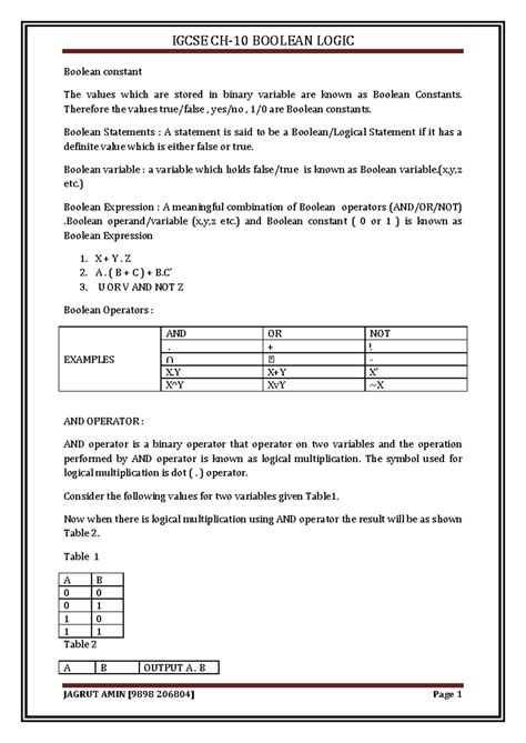 Igcse Ch 10 Boolean Constant Notes Boolean Constant The Values Which