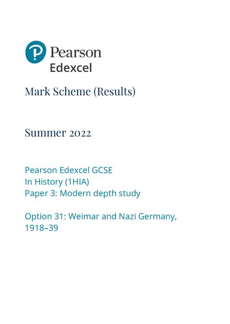 Mark Scheme Results Summer Pearson Edexcel GCSE In History HIA Paper Modern Depth