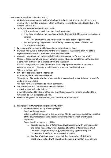 Chapter 15 Instrumental Variables Estimation Instrumental Variables Estimation Ch 15 Ols