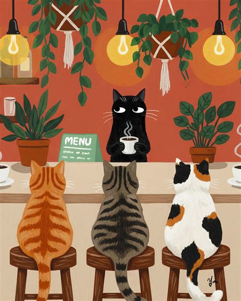 Cozy Cat Café Illustration With Hanging Plants And Coffee Whimsical