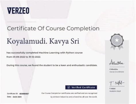 Kavya Sri On Linkedin Course Completion Certificate Of Machine