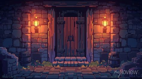 A Pixel Art Dungeon Entrance With A Heavy Wooden Door Flickering