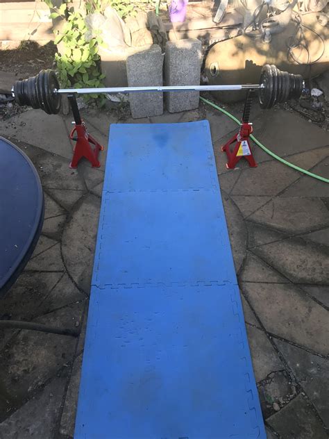 Behold My Bench Press Without A Bench And 2 Jack Stands Instead Of A