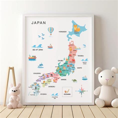 都道府県とランドマークが描かれたイラスト入り日本地図、都市が描かれた日本地理の教育ポスター、教室で使える印刷可能な旅行地図 Etsy 日本